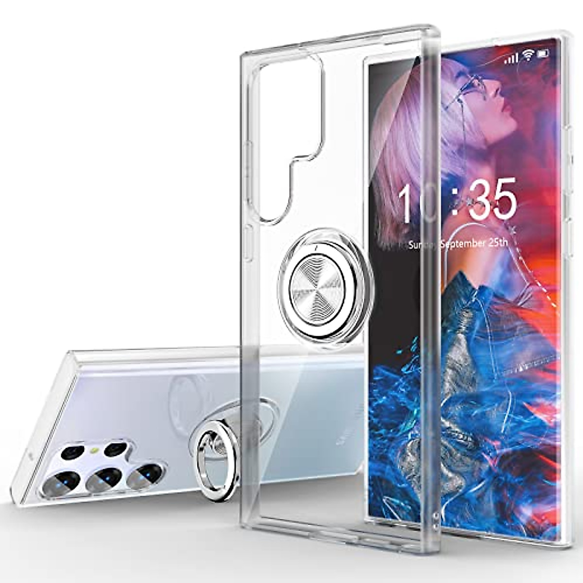 SQMCase Crystal Samsung Galaxy S23 Ultra Case with Ring Kickstand, Clear Transparent Soft Slim Fit TPU Shockproof Case Cover for S23 Ultra(Clear)