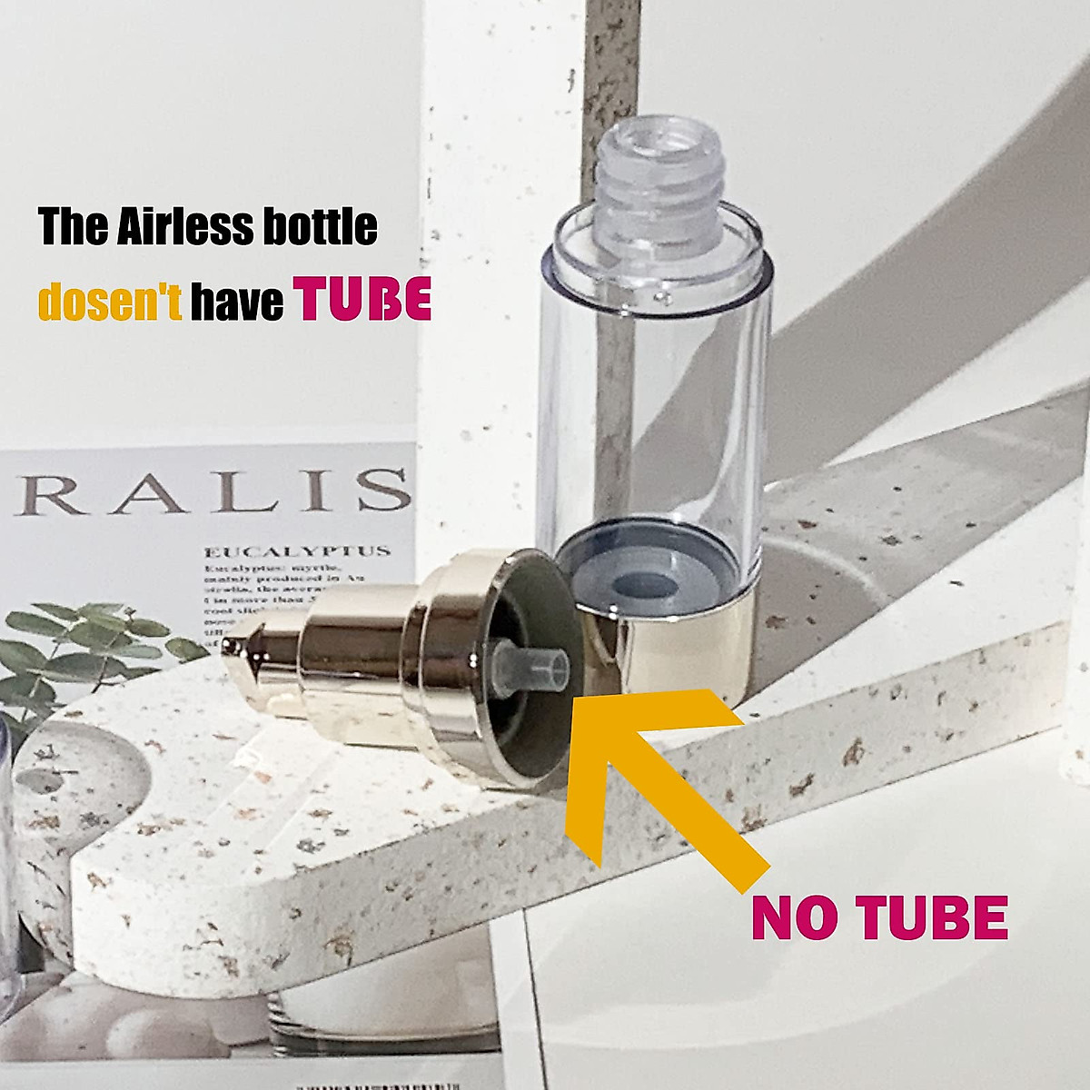 Lil Ray 1 Oz Refillable Airless Pump Bottle, Empty Travel Lotion Container, Plastic Cosmetic Dispenser for Liquid foundation, Lotion, Essential oil, Shampoo (6PCS,Light Gold)