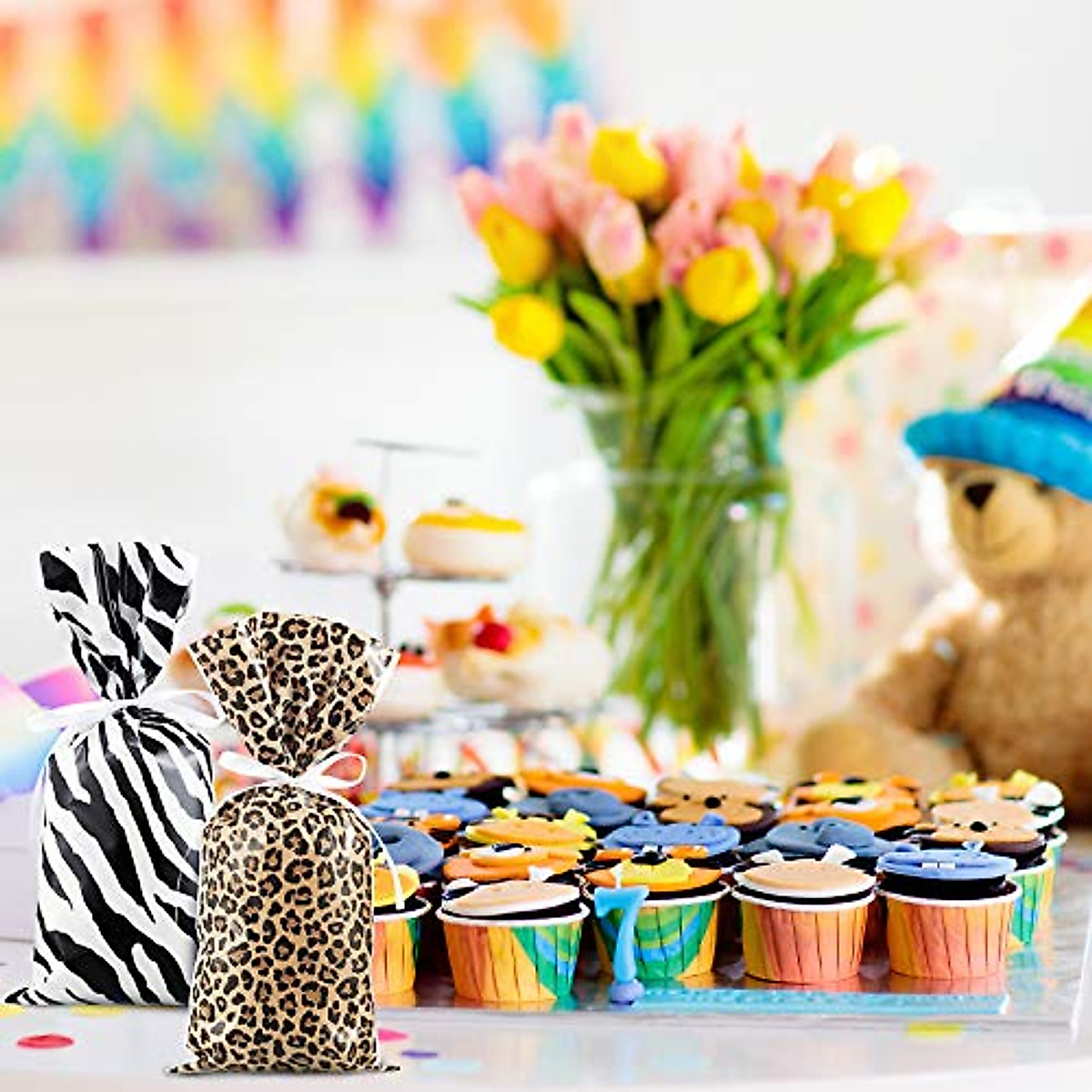 100 Pieces Leopard and Zebra Print Cellophane Bags Animal Print Party Supplies Bags Sealable Treat Bags with a Roll of White Ribbon for Chocolate Candy Snacks Cookies Zoo or Jungle Party