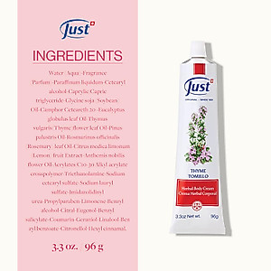 SwissJust Thyme Cream, Thyme Tomillo Cream 60ml. Massage Cream with Camphor Oil, Lemon Eucalyptus Chamomile Essential Oil, Rosemary Oil, Soybean Oil, and Pine Essential Oils.