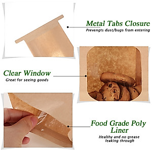 Glenmal 150 Pieces Bakery Bags with Window Kraft Packaging Treat Bag Tin Tie Tab Lock Cookie Bread Paper Coffee Bean Storage for Food Crafts Container (3.54 x 2.36 6.7 Inch), brown