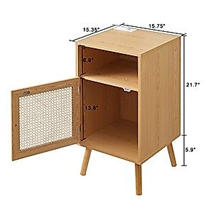 GTOLV Rattan Nightstand with Charging Station, Boho End Table with Handmade Rattan Decorated Door and Pine Legs for Bedroom, Living Room