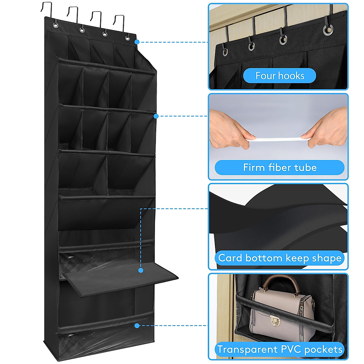 TIOYOTY Over The Door Shoe Organizer with Large Deep Pockets Door Shoe Rack for Narrow Door Hanging Multifunction Shoe Holder for Dorm Closet Door, Black 16 Pockets