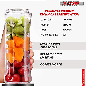 Generic 5 Core Smoothie Blender Personal Blender for Shakes and Smoothies 300W Powerful Food Processor with 20oz Portable Sports Bottle Single Blend Easy To Clean BPA Free 5C 421