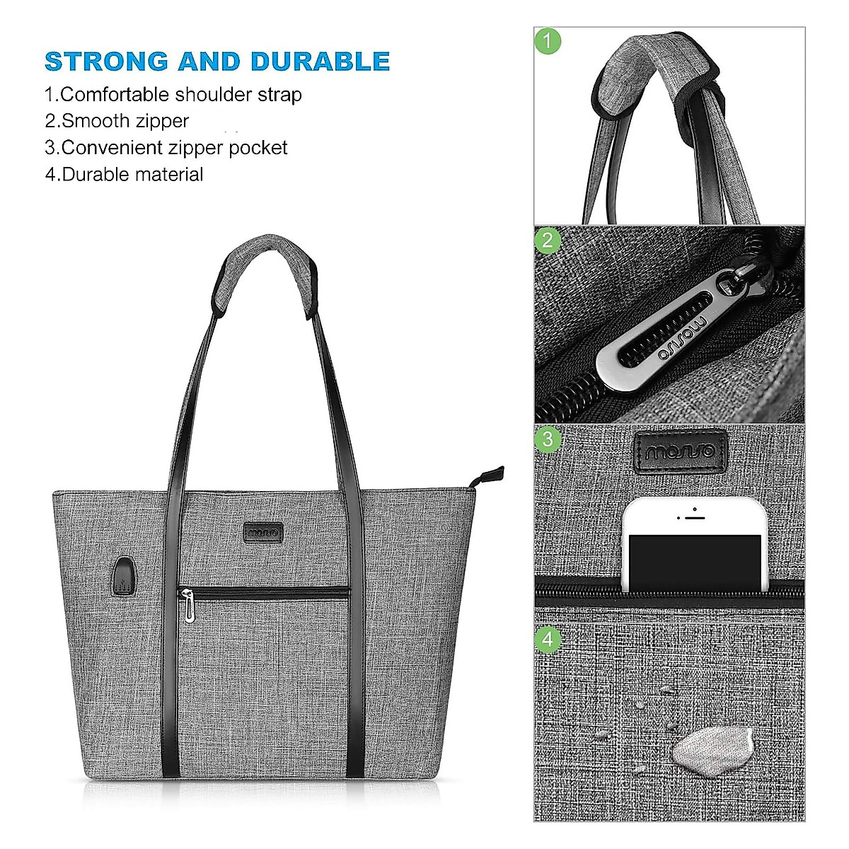 MOSISO USB Port Laptop Tote Bag for Women,Compatible with MacBook Air 15 inch M3 M2/Pro 16 M4 M3 M2 M1,15-15.6 inch Notebook, Work Travel Business Computer Bag with Small Purse, Gray