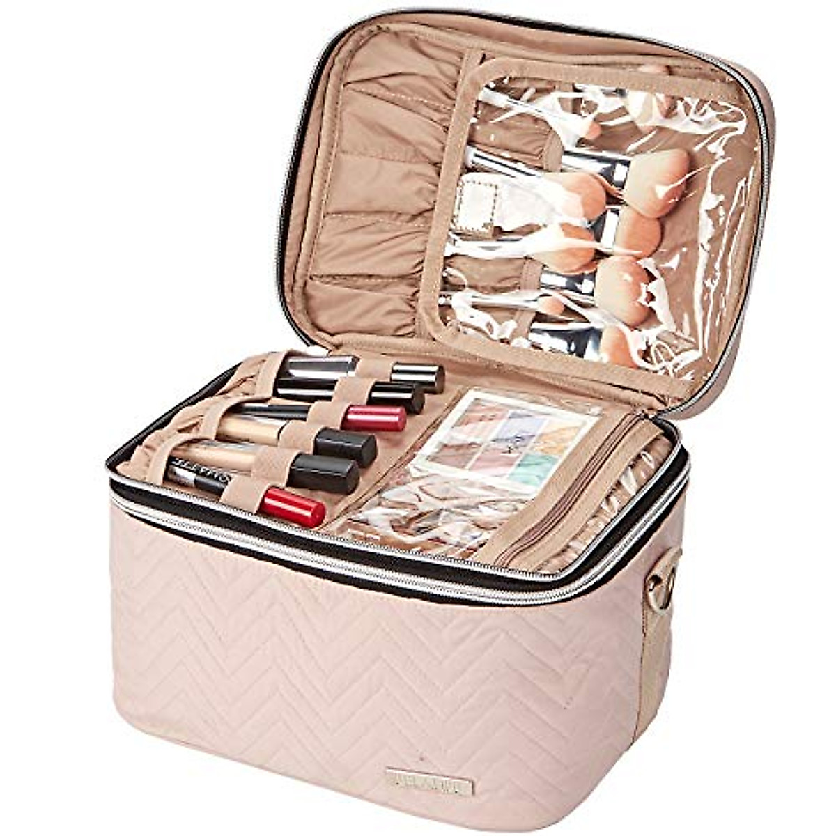 BELALIFE Double Layer Makeup Bag for Travel, Portable Cosmetic Organizer for Brushes Sets, Large Toiletry Holder with Straps, Pink