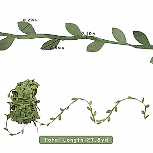 21.8 Yard Leaves Trim Ribbon, Green Leaf Ribbon for Crafts, Artificial Vines for Wedding Party Baby Shower Home Decoration, Foliage Rattan for DIY