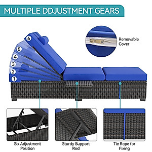 GAOMON Outdoor PE Wicker Chaise Lounge Chairs Set of 2 Patio Brown Rattan Reclining Chair Adjustable Backrest Pool Sunbathing Recliners with Cushion Cover, Navy