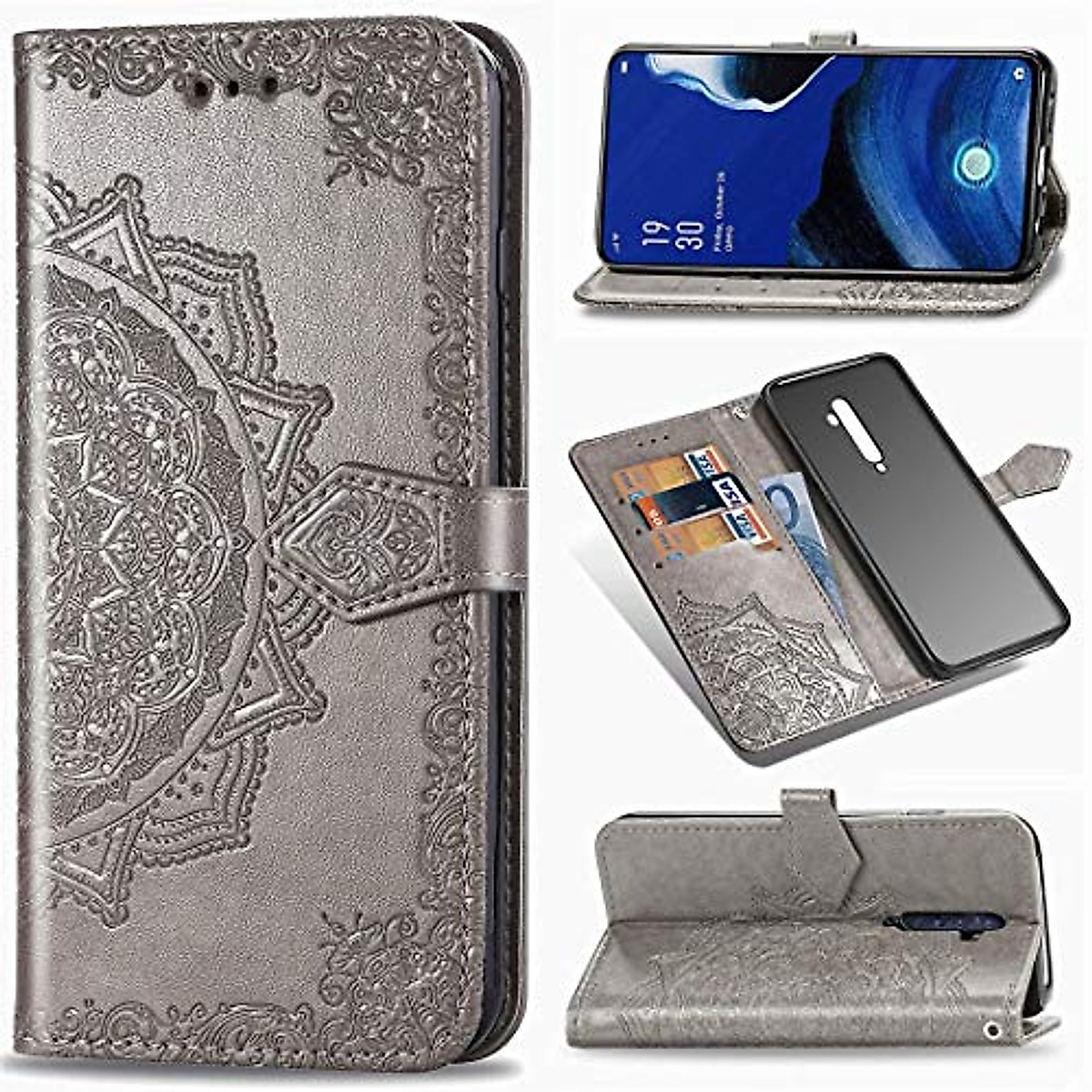 SATURCASE Case for Oppo Reno2 Z, Mandala Embossing PU Leather Flip Magnet Wallet Stand Card Slots Protective Cover with Hand Strap for Oppo Reno2 Z (Gray)