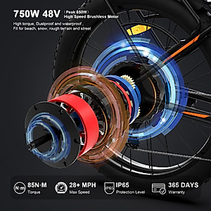 aostirmotor Electric Bike for Adults 750W(1000W Peak) 26"x4.0" Fat Tire EBikes 48V 13AH Removable Battery Adult Electric Bicycles, 28MPH E Bike for Adults, 29+ Miles Long Range Electric Mountain Bike