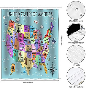 DLTAY United States Map Shower Curtain, USA Shower Curtain Cartoon Animal US Map Kids Educational Shower Curtain Set Waterproof Bath Tub Curtain Bathroom Decor with 12 Hooks, 72x72 inches