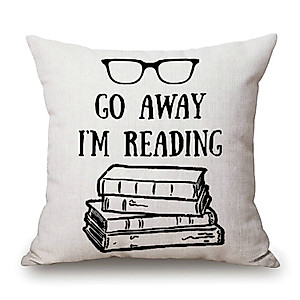 Book Lover Reading Books Club Librarian Black Glasses Go Away I'm Reading Cotton Linen Throw Pillow Case Home Decorative Cushion Cover for Sofa Couch Bedding 18x18 Inches