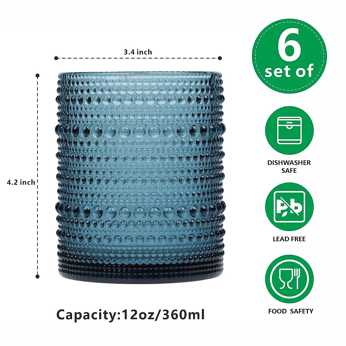 AWWAOOAWW Vintage Hobnail Drinking Glasses Set of 6,11 oz Dark blue Vintage Drinking Glasses,Lovely Vintage Glassware Set for Beer,Juice, Cocktail, Whiskey,Dishwasher Safe，Gift box packaging