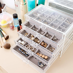 Fixwal Earring Organizer with 5 Drawers, Acrylic Jewelry Organizer, Jewelry Box, Velvet Earring Holder Organizer for Earrings, Ring, Bracelet, Necklace (Gray)