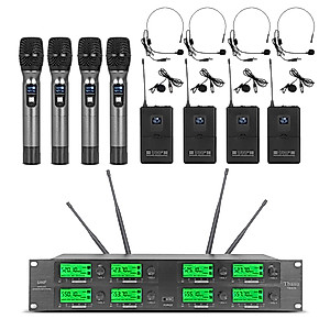 WENWEN Wireless Microphone System Frequency A 8 Channel Microphone UHF 4 Handheld Mic 4 Headset 4 Lavalier Bodypack 4 Lapel Mic Karaoke System Church Speaking Conference Wedding Party Ktv