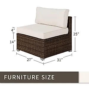 SUNBURY Patio Sectional Sofa Chair, Add-on Wicker Armless Chair in Off White Cushion, Brown Wicker Outdoor Furniture Seating for Backyard Garden Porch