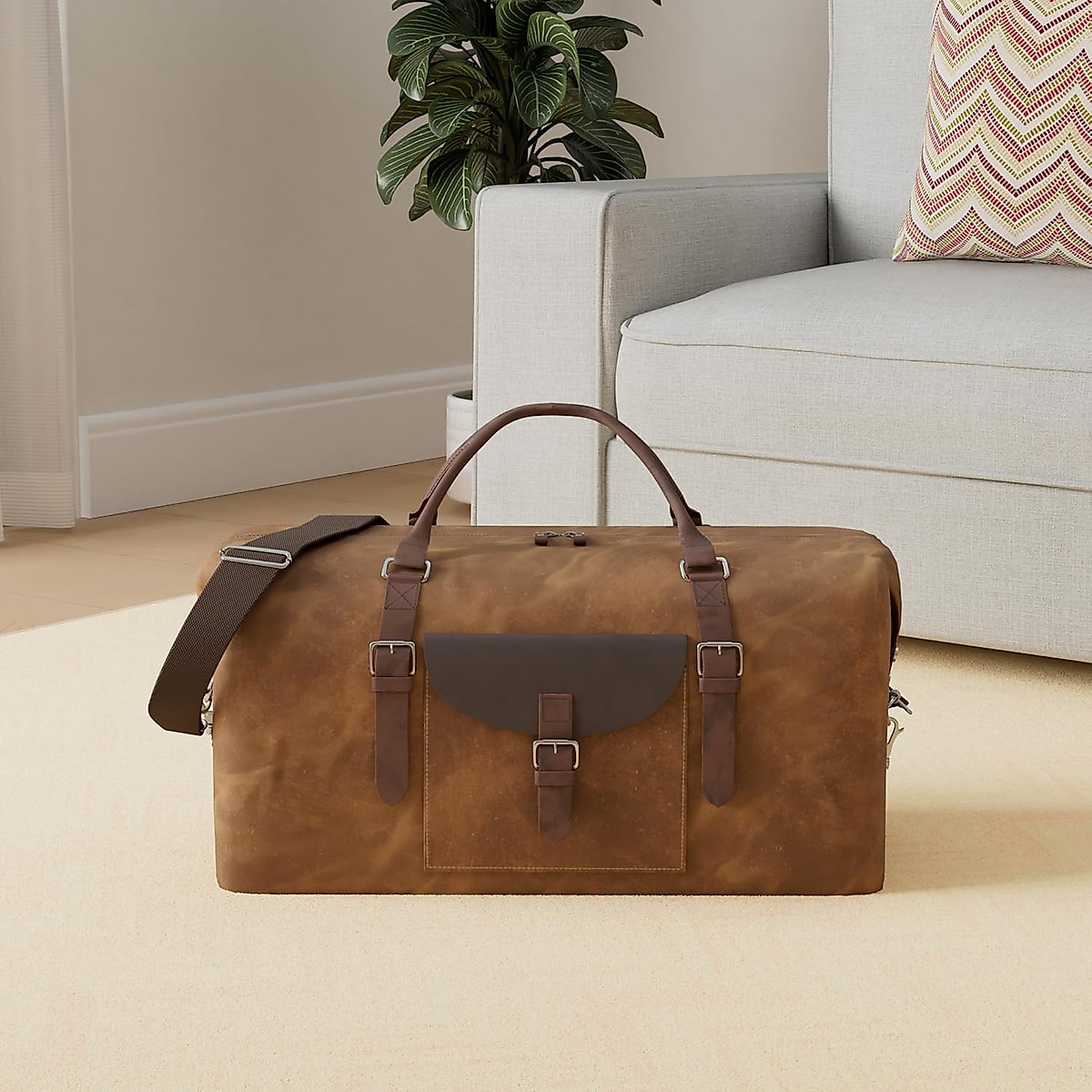 Oversized Travel Duffel Bag Waterproof Canvas Genuine Leather Weekend bag Weekender Overnight Carryon Hand Bag Brown