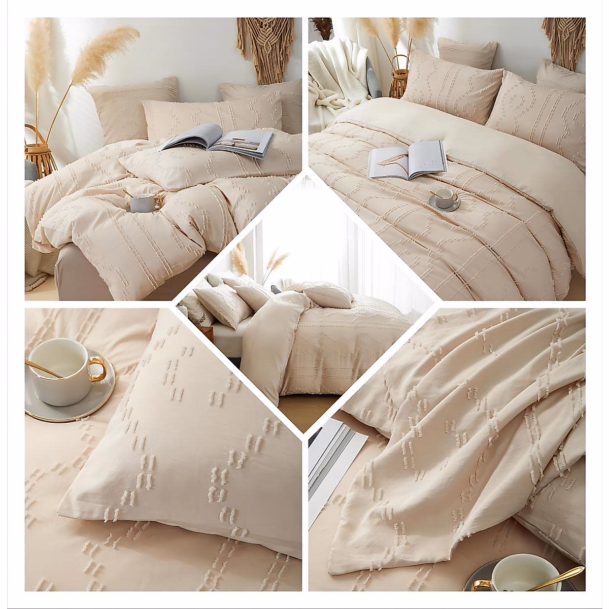 CinYana Boho Bedding Duvet Cover Sets 5 Piece Tufted Comforter Cover Set Shabby Chic Soft Breathable for All Seasons (King/California King, Beige)