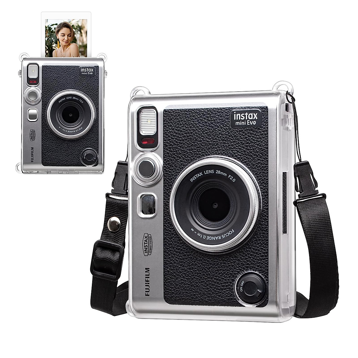 MUZIRI KINOKOO Clear EVO Case for Fujifilm Instax Mini EVO/Polaroid Mini EVO Camera - Hard PVC Fuji Mini EVO Carrying Protective Case with Shoulder Strap -Transparent