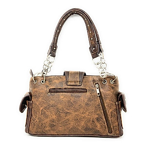 Premium Western Rhinestone Concealed Carry Buckle Floral Womens Shoulder Handbag Purse in Multi Color (Brown)