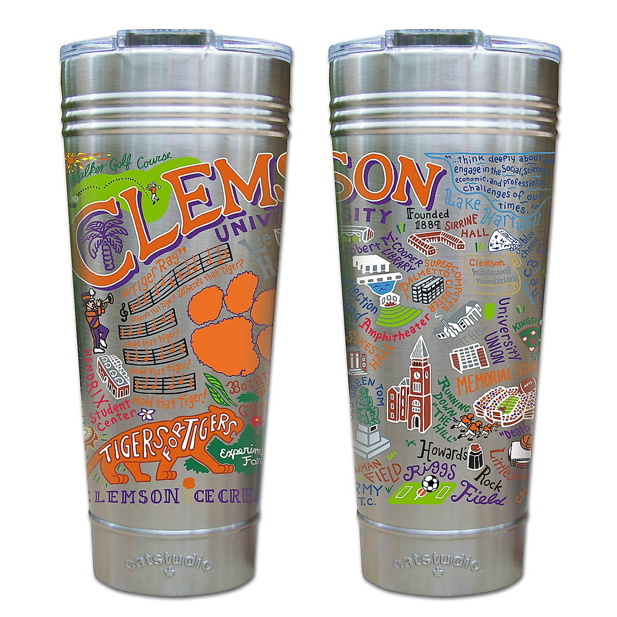 Catstudio Clemson University Collegiate Thermal Tumbler | Triple Wall Insulation With Non Slip Bottom | Great College Travel Cup for Water, Coffee, Tea, or Smoothies