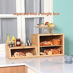 X-cosrack Large Double Separable Bamboo Bread Box Storage with Clear Window and Adjustable Compartment for Kitchen Countertop,Natural