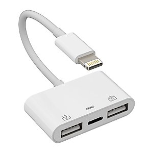 iPhone OTG Adapter Charger Cable Dongle Lightning Male to Dual USB Female Camera Memory Stick Flash Drive Cord Reader Mouse Keyboard Converter Card Charging Splitter for 14 13 12 11 Pro Max 7 8
