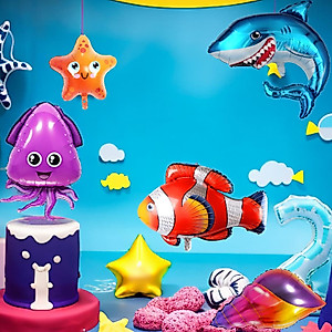Jiahaoppx 10 Pcs Sea Animal Balloons, Large Shark Dolphin Whale Octopus Fish Hippocampus Crab Sea Lion Conch Starfish Ocean Foil Balloons for Sea Underwater Animals Theme Party Decoration