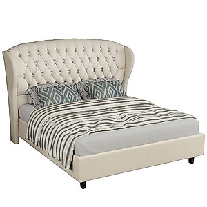 PaPaJet King Size Platform Bed Frame, Linen Curved Upholstered Bed with Shell Wingback Headboard/Deep Button Tufted/No Box Spring Needed/Beige