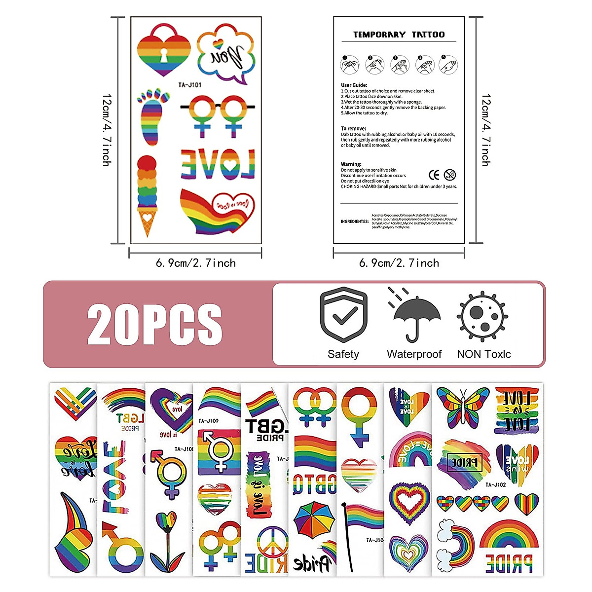 200+ Pcs Pride Tattoos,Gay Pride Tattoos, 20 Sheets Pride Temporary Tattoos, Waterproof Rainbow Flag Tattoo Stickers for Pride Equality Parades and Celebrations