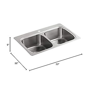 KOHLER 5267-1-NA Verse 33" X 22" X 9-1/4" Top-Mount Double-Equal Bowl Kitchen Sink With Single Faucet Hole, Stainless Steel