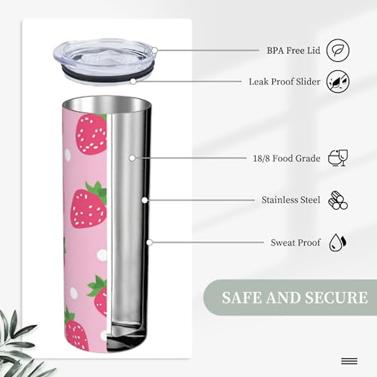 Tangopi Pink Strawberry Pattern 20 oz Tumbler with Lid and Straw Insulated Travel Coffee Mug Reusable Spill Proof Coffee Cups Stainless Steel Water Bottle for Hot and Cold Drinks