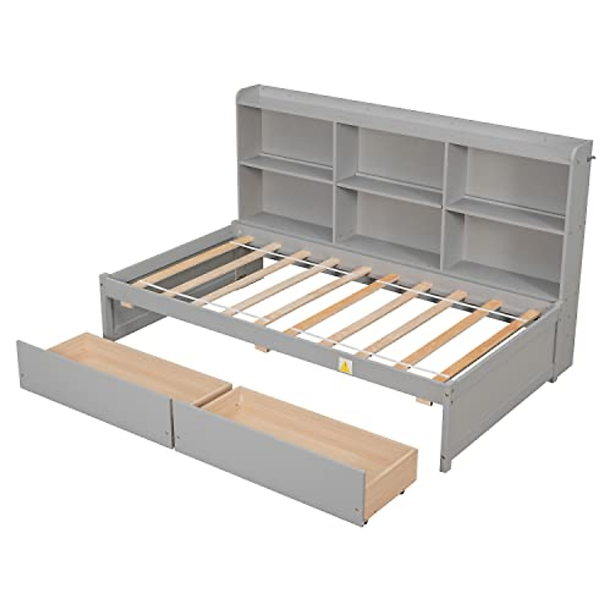 HomSof Twin Bed with Side Bookcase, Drawers,Gray
