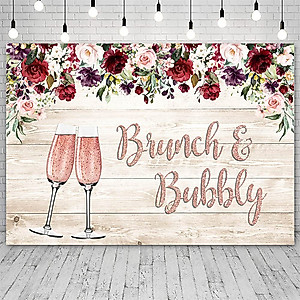 ABLIN 7x5ft Brunch and Bubbly Backdrop for Bridal Shower Rustic White Wood Red Rose Flowers Floor Photo Background Bride to Be Engagement Wedding Party Decorations Banner Props