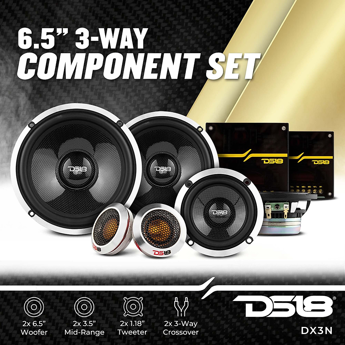 DS18 DX3N Deluxe 6.5” 3-Way Neodymium Premium Car Audio Component Speaker System - 580 Watts, 4 Ohm - Set with Woofer, Midrange, Tweeter, and Crossover (8 Piece Set)