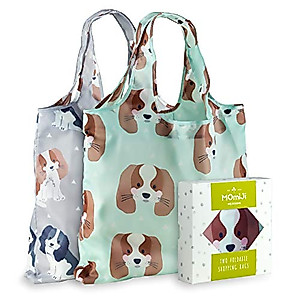 Momiji Premium Reusable Grocery Shopping Bags, Unique European Artists, Certified Recycled Polyester, Set of 2 Bags, Foldable, Eco-Friendly, Machine Washable, Lightweight (Cute Cavalier Dog)