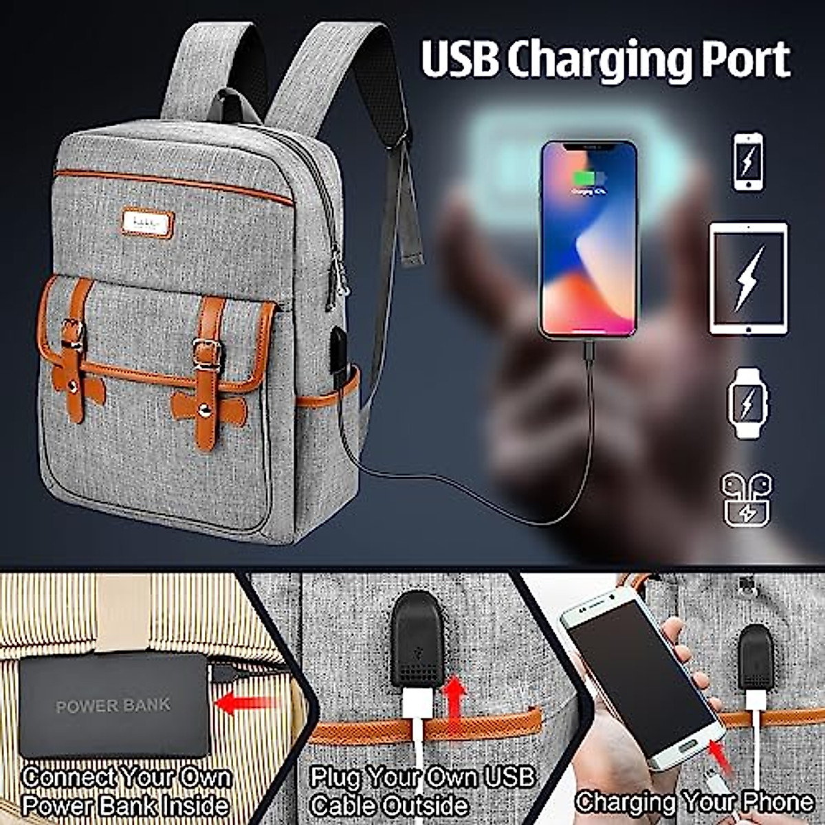 Nicole Miller Travel Laptop Backpack-Business Anti Theft Vintage Backpack with USB Charging Port-Water Resistant Computer Bag