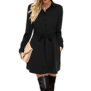 Amoretu Ladies Tunic Dresses with Pockets Long Sleeve Curved Hem Dress, Black M