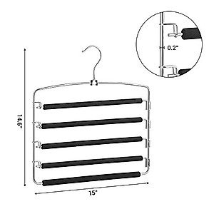 SONGMICS Pants Hangers Space Saving, 5 Layer Pants Hangers, Set of 2 Multiple Pant Hanger, Pants Organizer Hanger, Swing Arm Pants Hangers with Non-Slip Padding, Silver and Black UCRI041B02