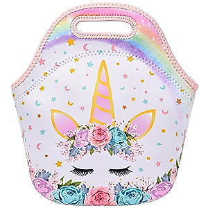 Unicorn Lunch Bag - Neoprene Insulated Lunch Box for Girls School Picnic Shopping Lunch Handbag Waterproof Reusable Lunch Tote Bag Gourmet Tote with Zipper