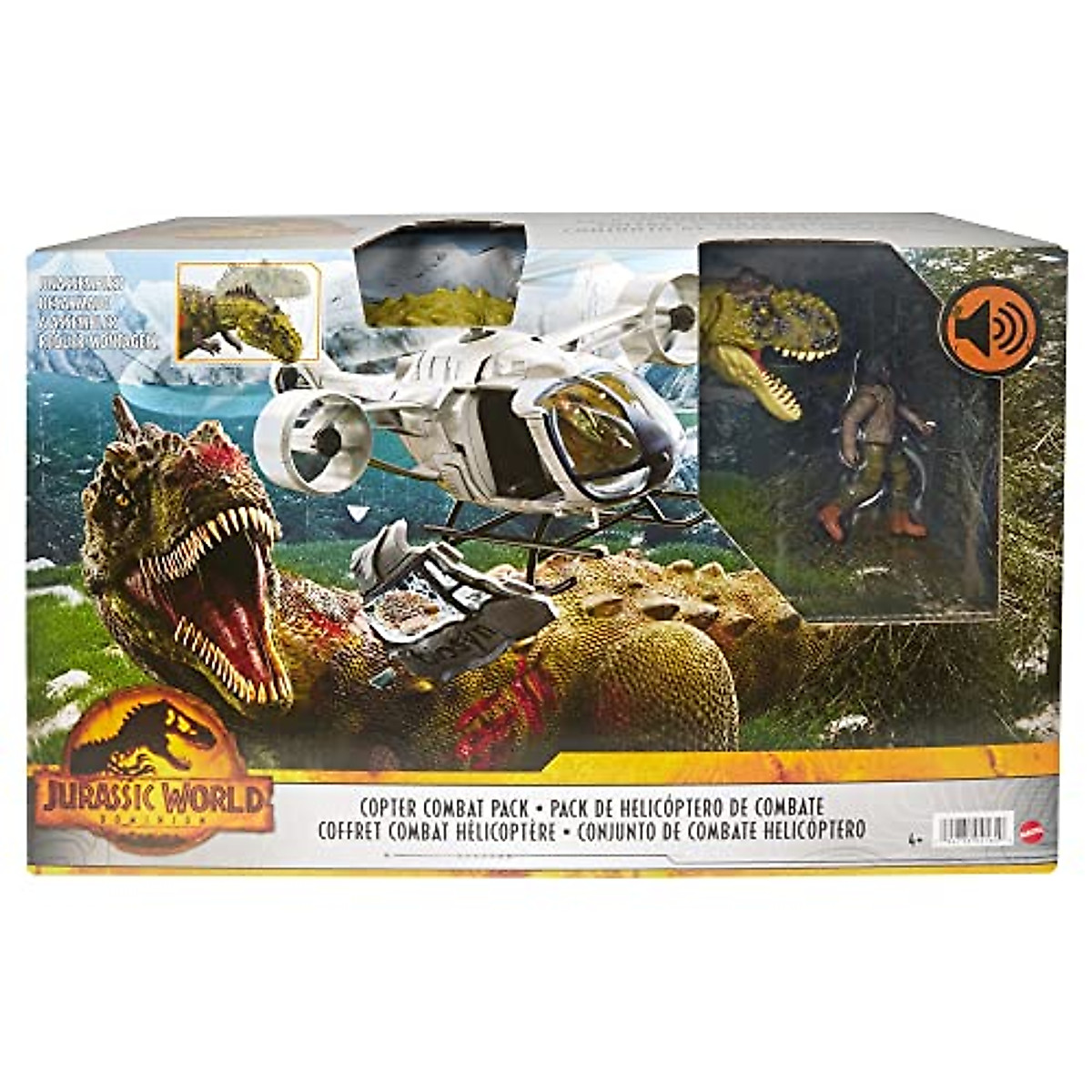 Jurassic World Extreme Damage Pack Combat with Helicopter Play Set for Kids Ages 4+, Multi-Colour