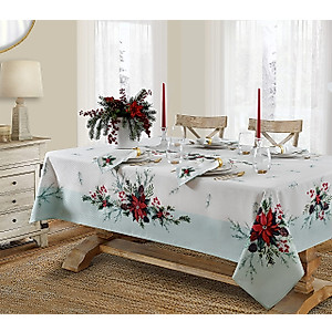Lintex Holly Bough Stonewashed Border Traditional Christmas Tablecloth, Poinsettia and Holly Sprig Sage, Bordered Xmas Holiday Easy Care Fabric Tablecloth, 70 Inch Round
