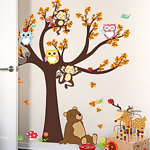 Creative Cartoon Family Owls On The Brown Tree Wall Decals Removable Wall Stickers DIY Wall Art Decor 3D Murals Animals Wallpaper for Nursery School Kids Baby Bedroom Bathroom Decoration