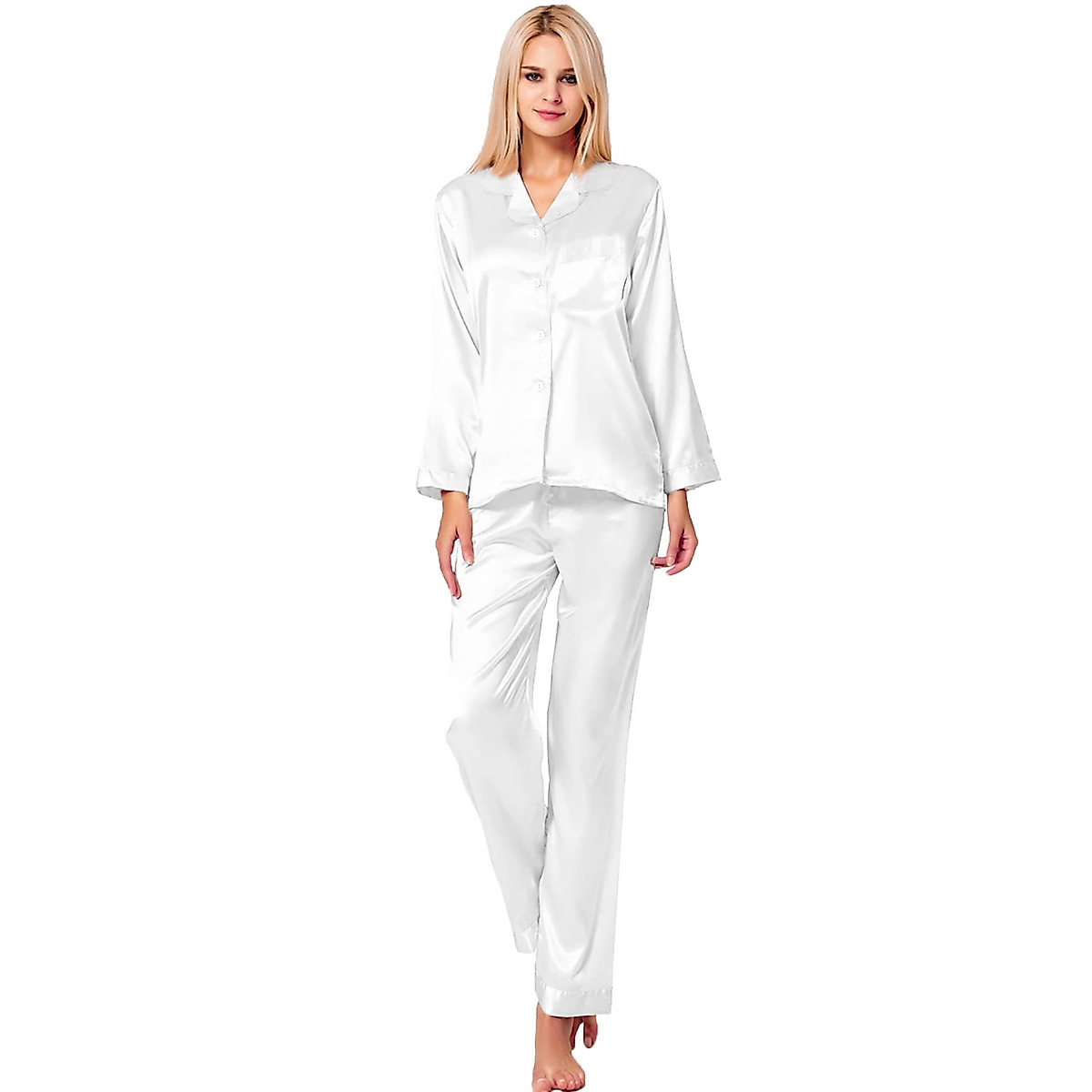 SWOMOG Long Sleeve Pajamas Set Silk Satin Sleepwear Button Down Pjs Loungewear with Pocket White Small