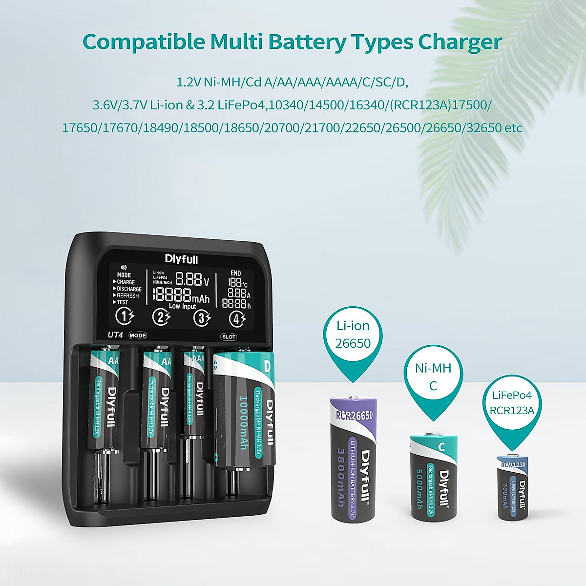 Dlyfull 18650 Battery Charger, LCD Universal Battery Charger with Discharge, Refresh and Test Functions for Ni-MH, Ni-Cd, AA, AAA, C, D, Li-ion, IMR, INR, ICR and LiFePO4 Rechargeable Batteries