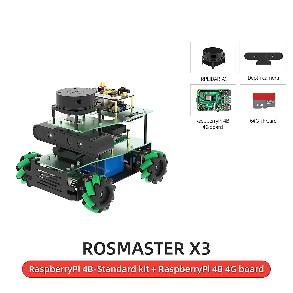 Raspberry Pi 4B ROS Robot Lidar Mapping Navigation Depth Image 3D Analysis Mecanum Wheel Python Programming Learn Explore Robotic Kit（Pi Standard Ver-with Pi 4B(4G)）