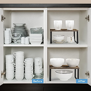 MOOACE Kitchen Counter Shelf, Stackable Cabinet Shelf Organizers Expandable Countertop Shelf for Pantry - Set of 4 - Brown