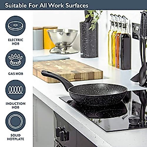Blackmoor Frying Pans / 8", 9.5", 11" Sizes/Stylish Black Or Gray Marble Finish/Non-Stick & Anti-Scratch/Cool Touch Handle/Suitable for Induction, Electric and Gas Hobs (9.5", Black)