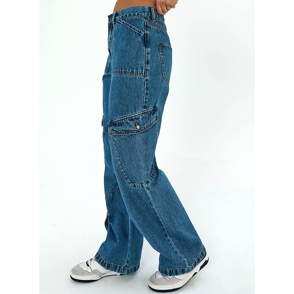 EVALESS Cargo Pants for Women 2024 Trendy High Waist Straight Leg Baggy Cargo Jeans Women's Casual Wide Leg Pants with 6 Pockets Blue Size 10