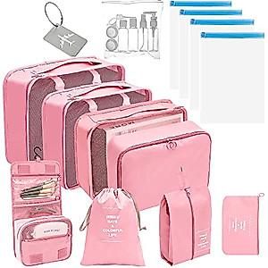 8pcs Compression Packing Cubes for Suitcases + 4pcs Compression Vacuum Storage Bags + Travel Dispenser Bottles Set, Luggage Packing Organizers Travel Accessories (pink)